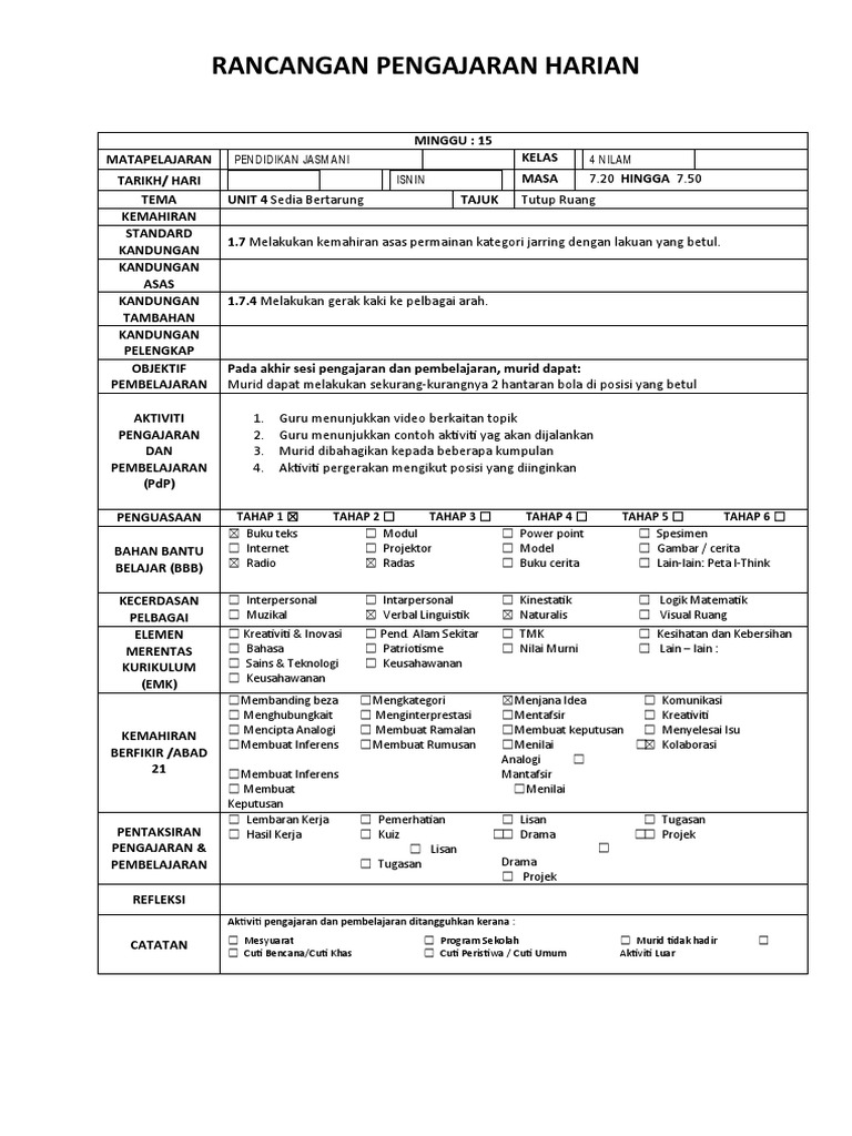 Rancangan Pengajaran Harian: Pendidikan Jasmani 4 Nilam Isnin | PDF