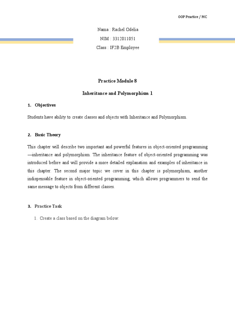 Practice Module 8 Inheritance and Polymorphism 1: 1. Objectives | PDF ...