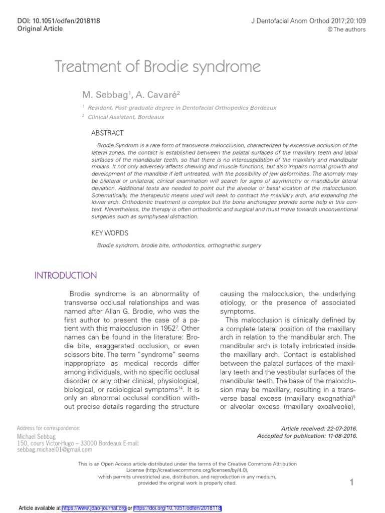 Treatment of Brodie Syndrome | PDF | Mouth | Dentistry Branches