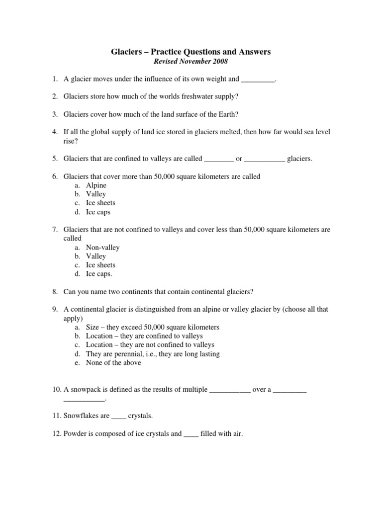 Glaciers - Practice Questions and Answers: Revised November 2008 | PDF ...