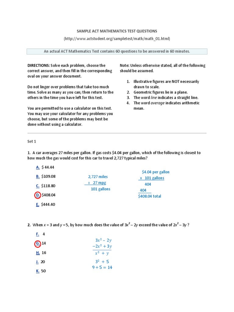 Sample ACT Math Test Questions | PDF | Sine | Area