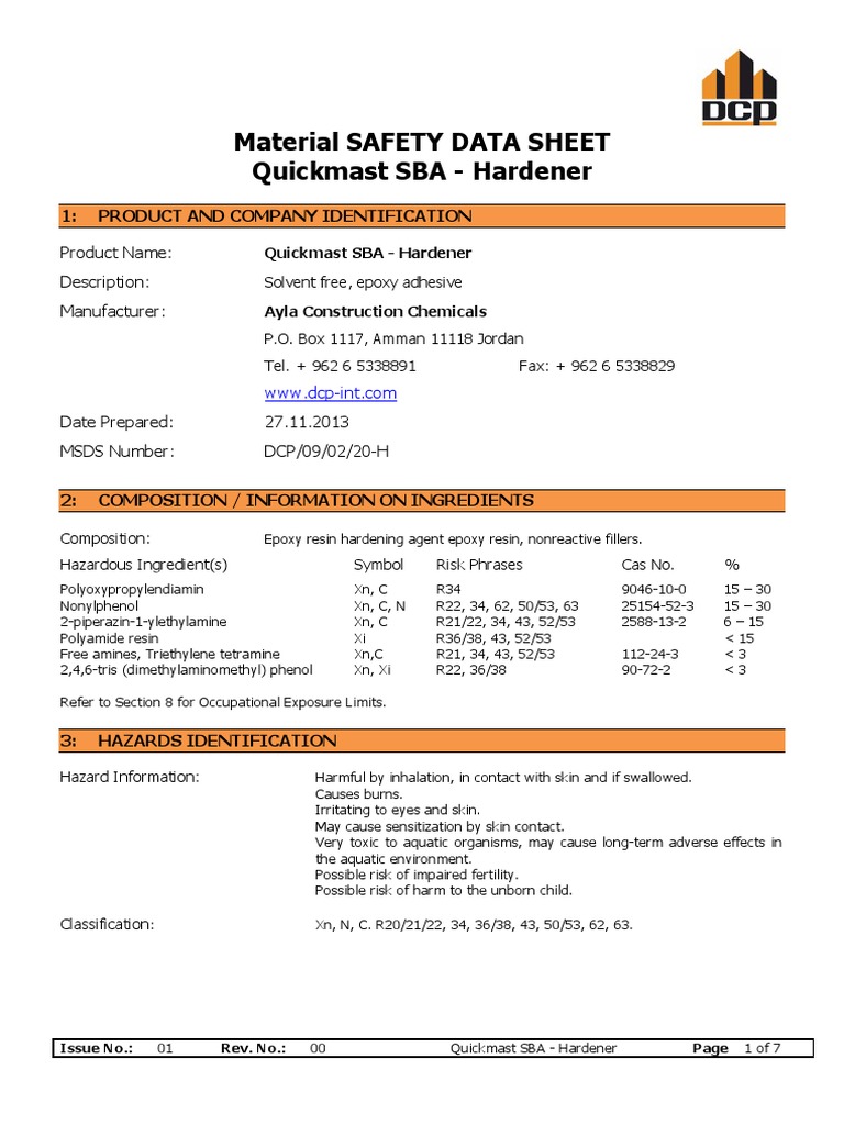 Material Safety Data Sheet Quickmast SBA - Hardener: 1: Product and Company Identification | PDF ...