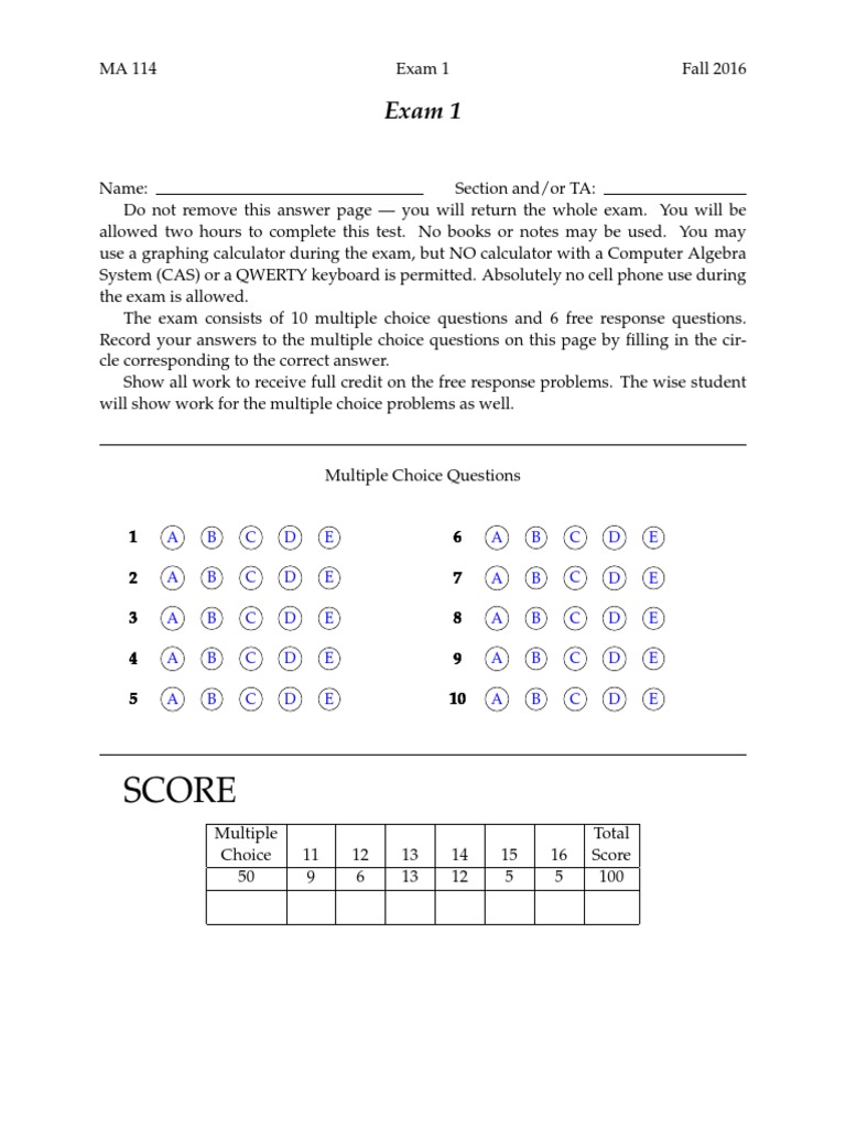Score: Exam 1 | PDF | Multiple Choice | Test (Assessment)