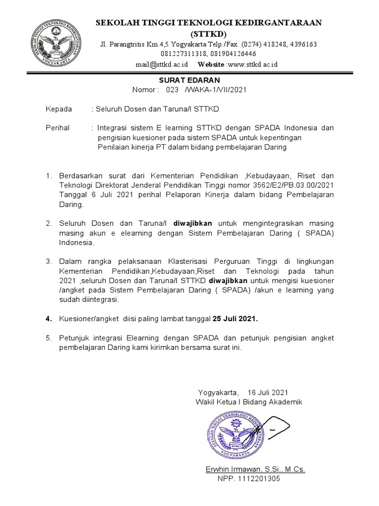Surat Edaran Integrasi e Learning Dengan Spada Dan Pengisian Angket ...