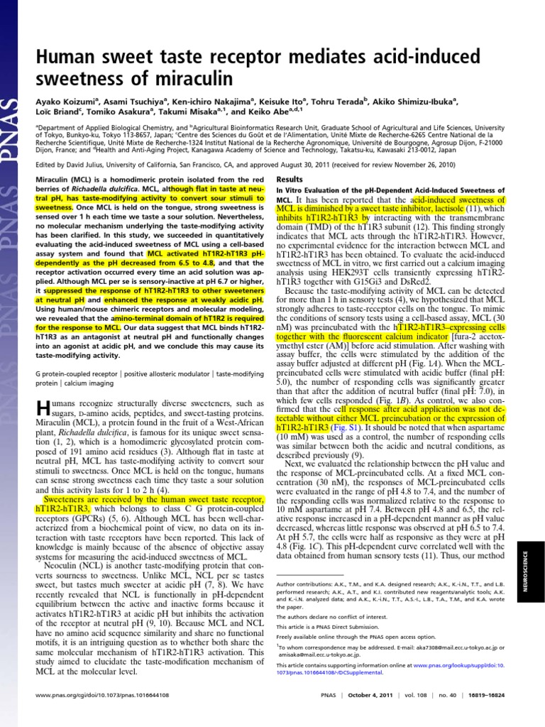 Miraculin's Role in Acid-Induced Sweetness | PDF | Taste | Receptor ...