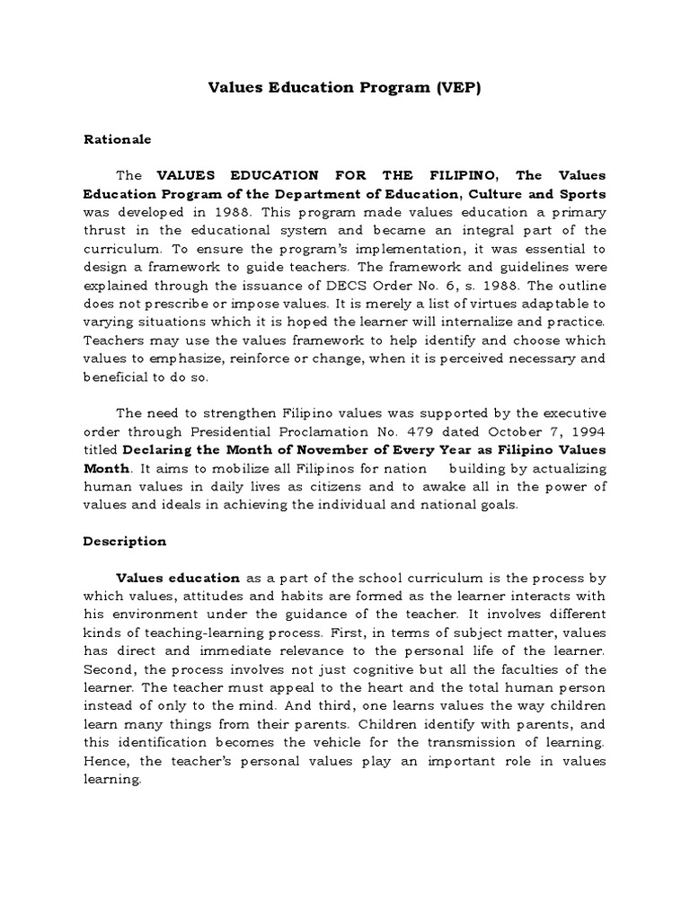 Values Education Program (VEP) : Rationale | PDF | Value (Ethics ...