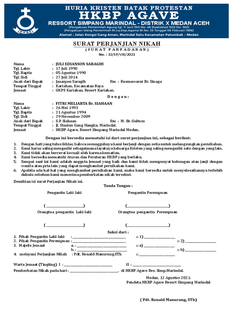 Surat Perjanjian Nikah HKBP | PDF