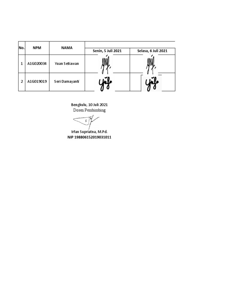 Daftar Absen Kuliah Juli 2021 | PDF