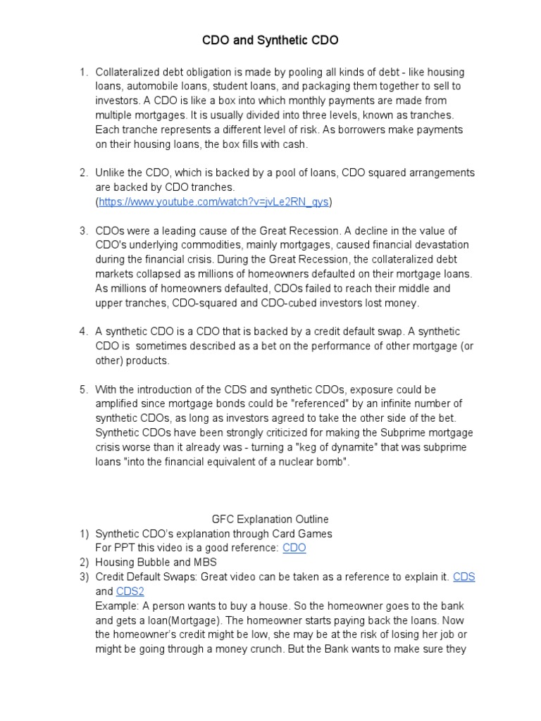 CDOs and Synthetic CDOs Explained | PDF | Collateralized Debt ...