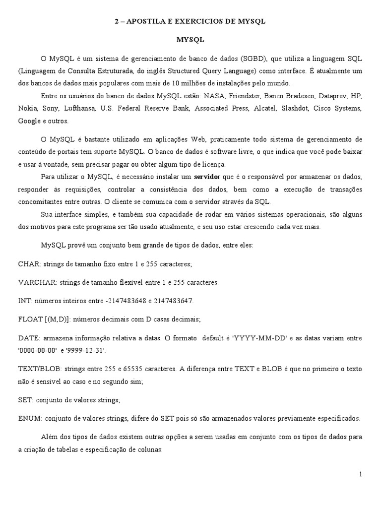 Apostila de Banco de Dados MySql e PhpMyAdmin e Exercicios | Download ...