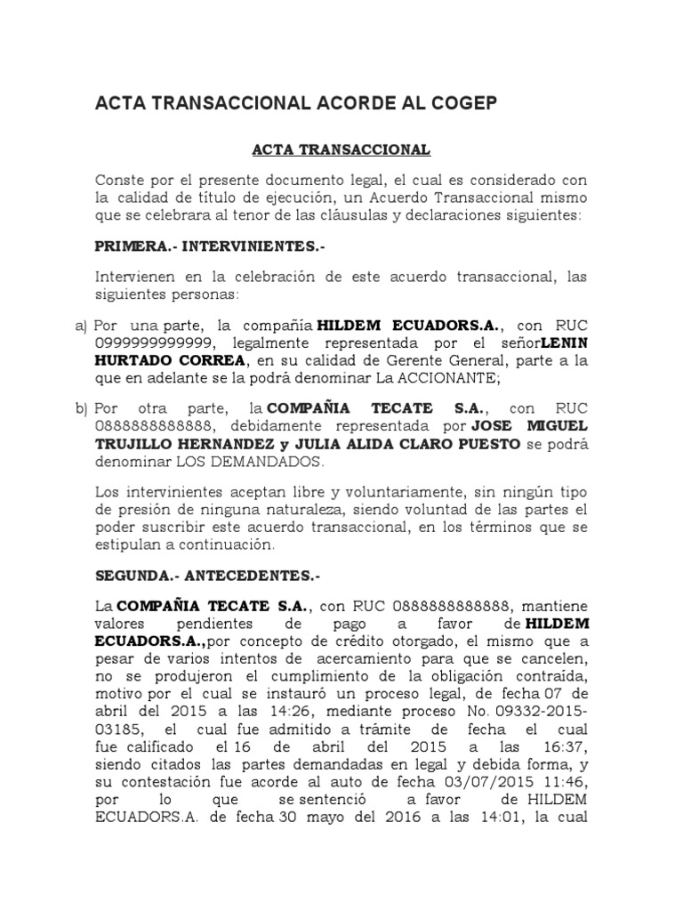 Acta Transaccional Acorde Al Cogep | PDF