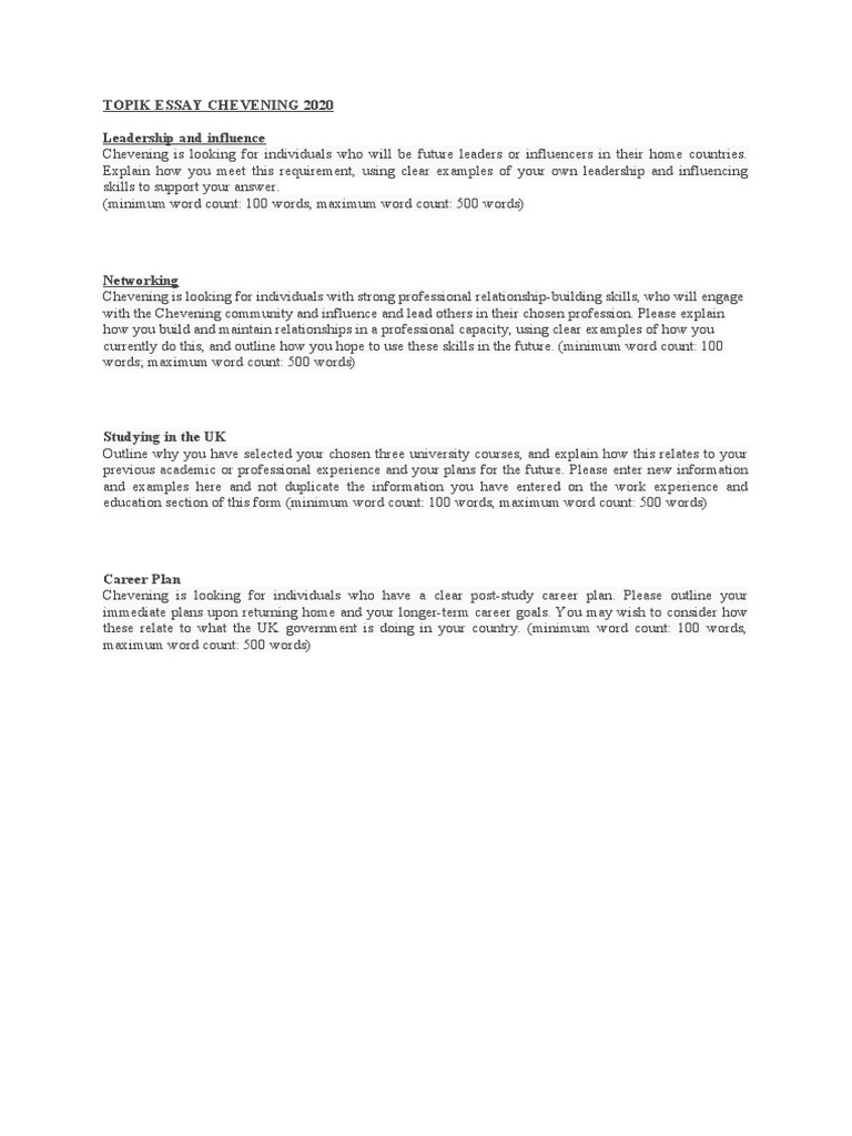 Chevening Essay Guidelines 2020 | PDF