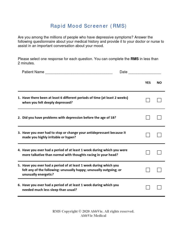 Rapid Mood Screener (RMS) : Abbvie Medical | Download Free PDF | Mood ...