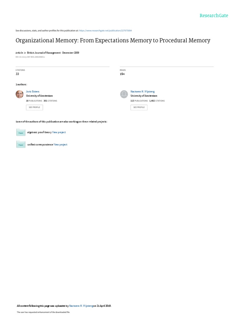 Organizational Memory From Expectations Memory To | PDF | Employment ...