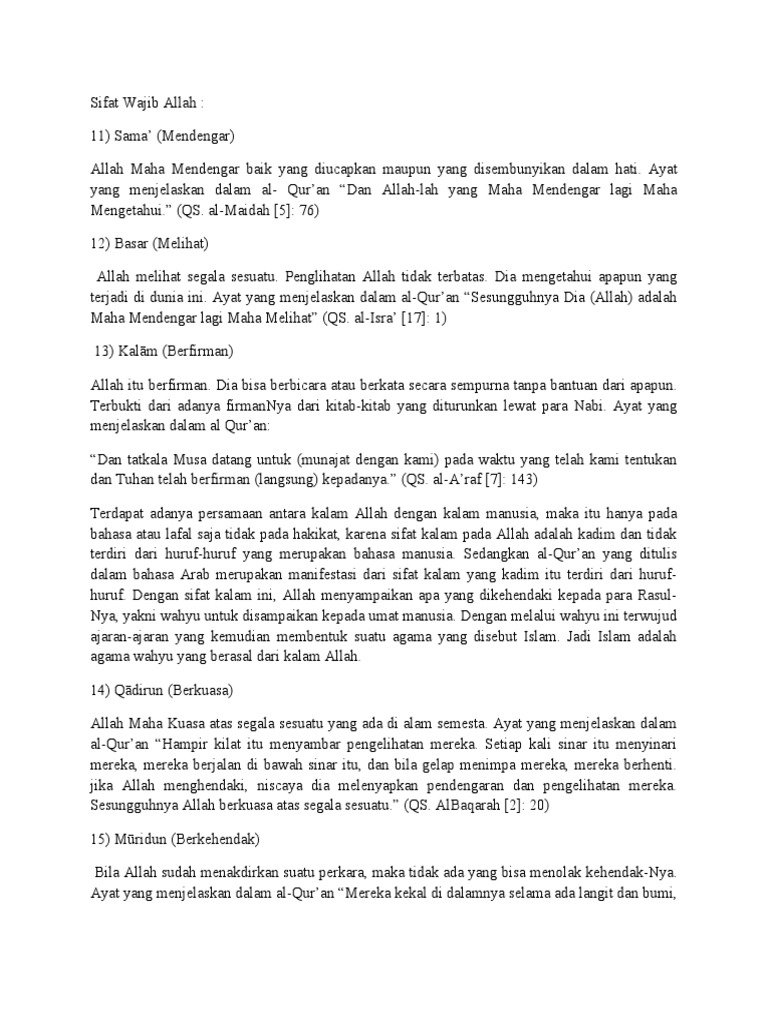 Sifat Wajib Allah: Mendengar, Melihat, Berfirman, Berkuasa, Berkehendak, Mengetahui, Hidup | PDF