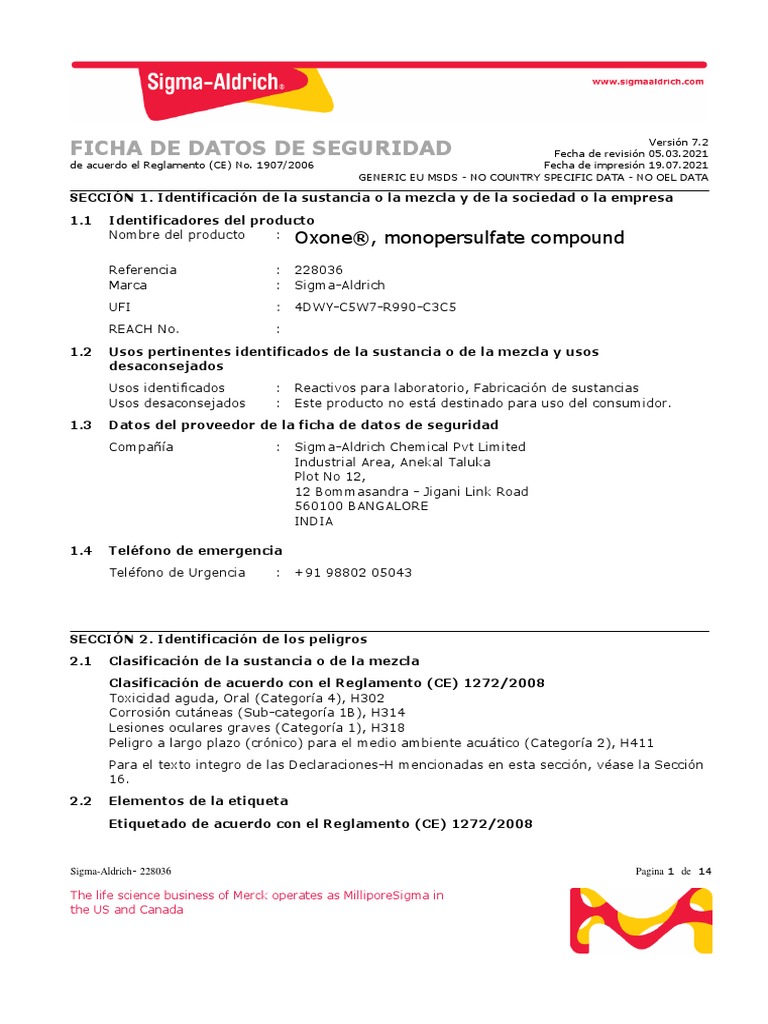 Ficha de Datos de Seguridad: Oxone®, Monopersulfate Compound | PDF | Quemar | Alergia
