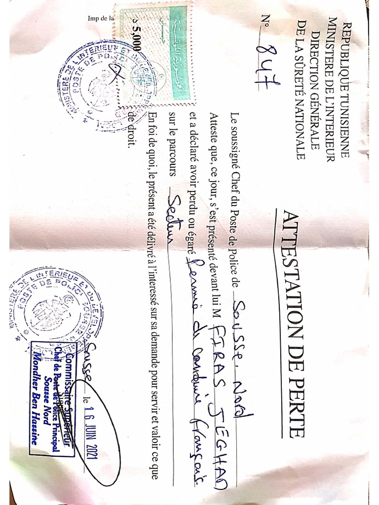 Attestation de Perte - Permis de Conduire | PDF
