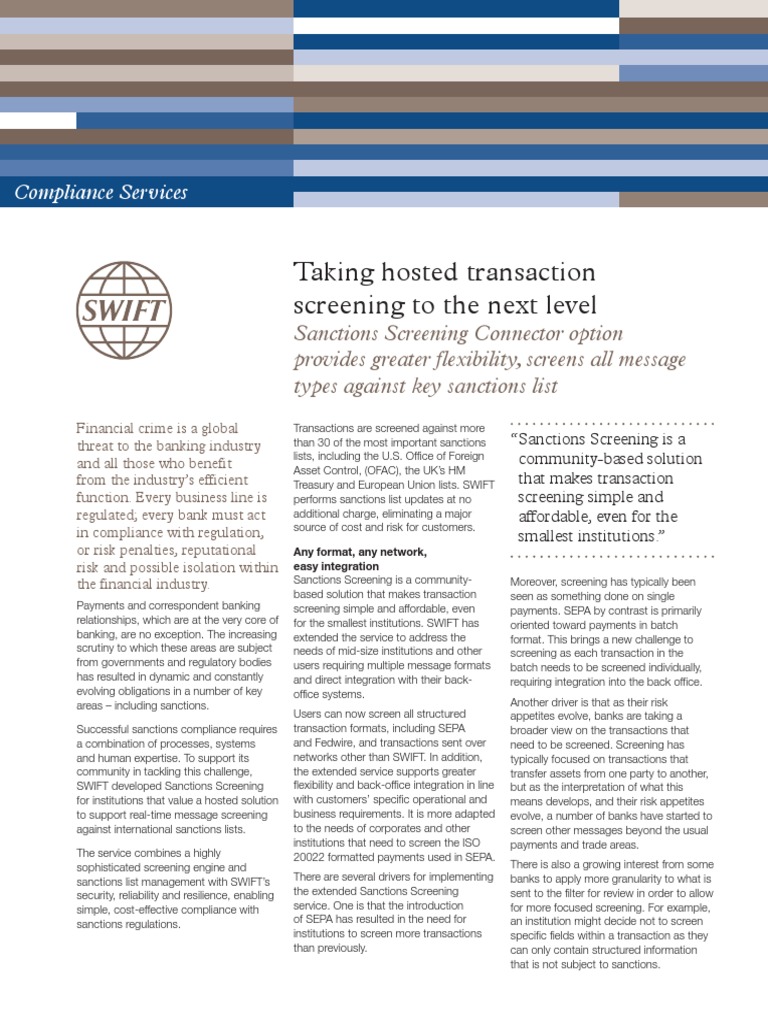 Swift Compliance Factsheet Sanctionsscreeningconnector | PDF ...