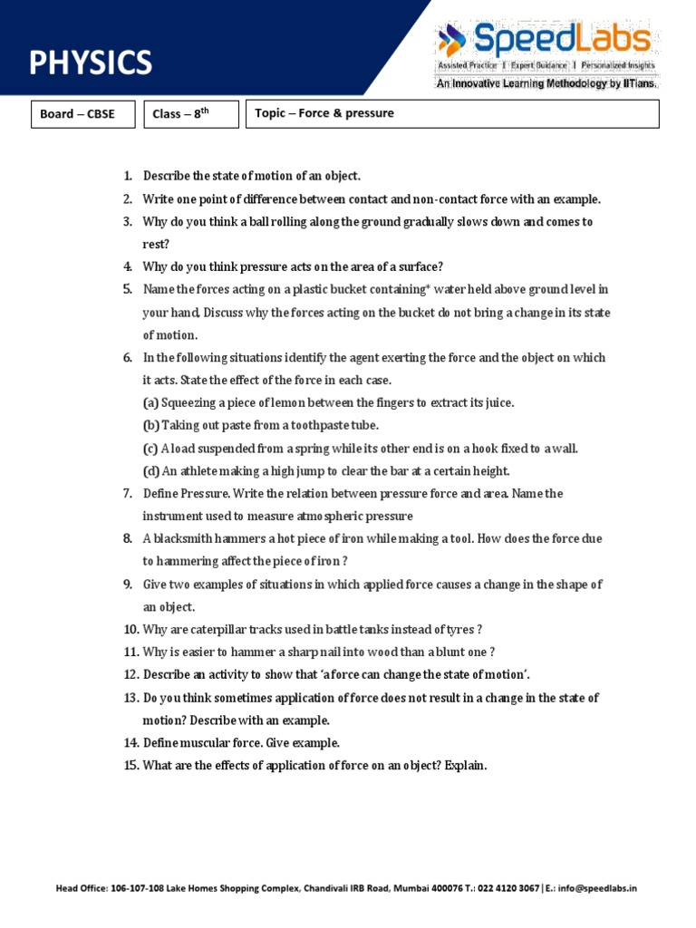 Class 8 Force and Pressure Worksheet | PDF