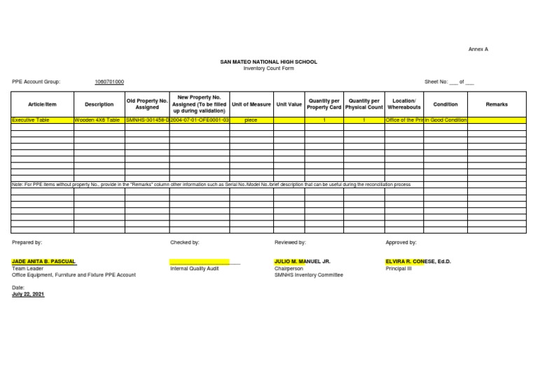 Inventory Count Form for Office Equipment, Furniture and Fixtures at ...