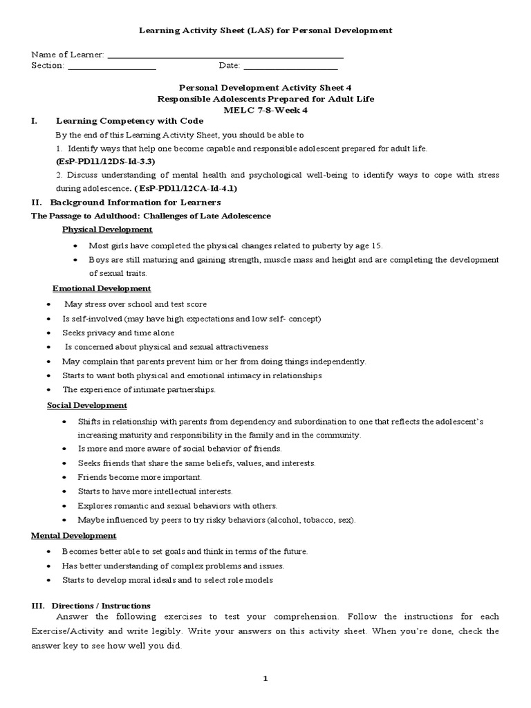 Perdev Las 2ND Quarter Week 4 | PDF | Adolescence | Question