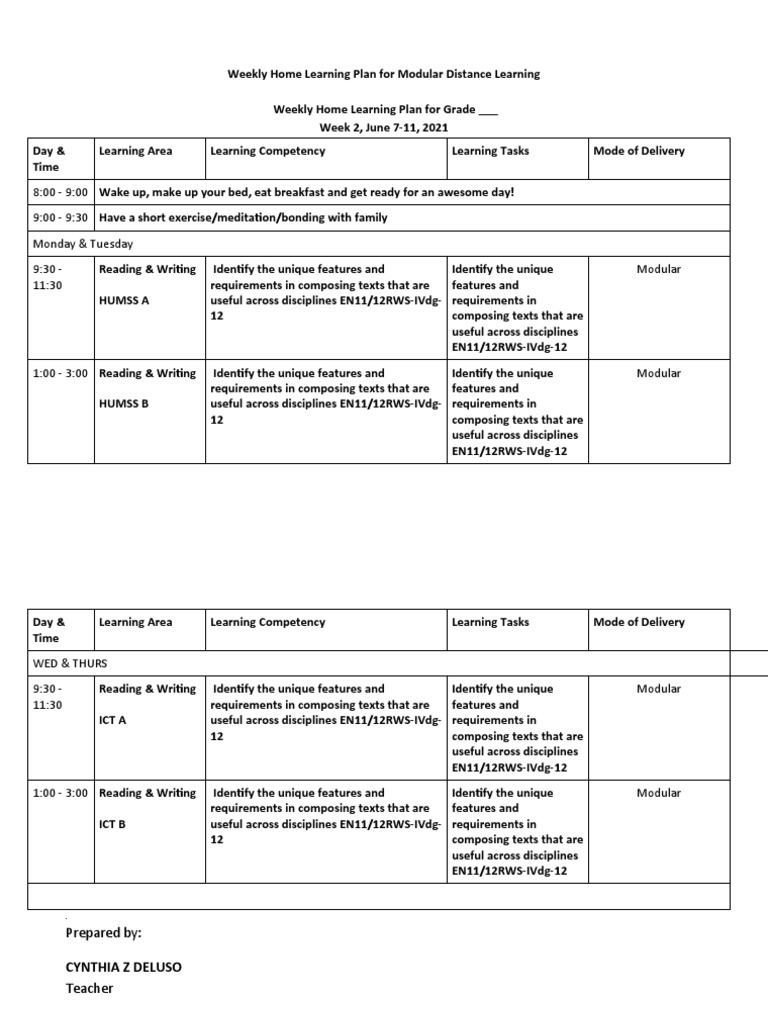 Weekly Home Learning Plan for Grade ___ | PDF | Learning | Cognition
