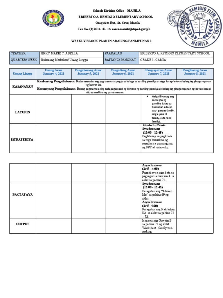 Weekly Block Plan WEEK 1 | PDF