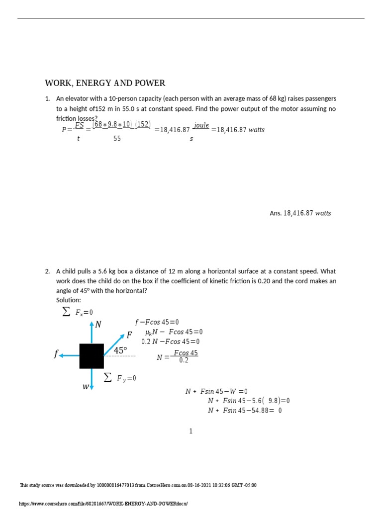 Work, Energy, and Power Calculations | PDF | Mass | Mechanics