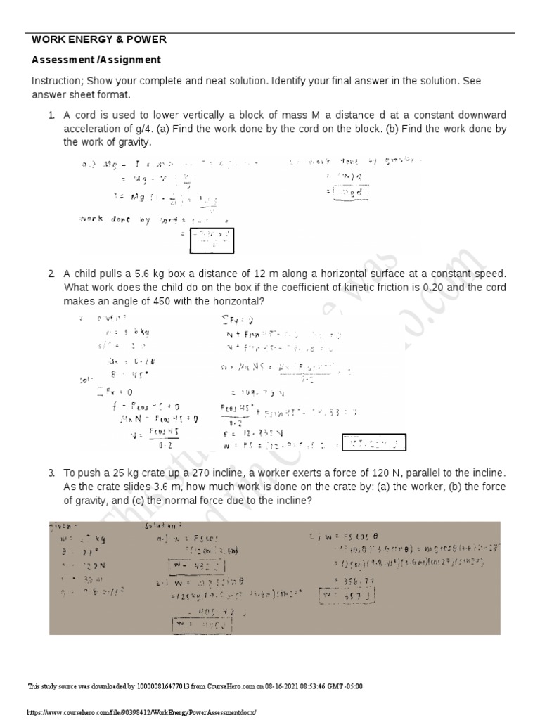 Work Energy & Power Assessment /assignment | PDF