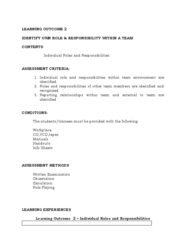 Learning Outcome 2 Identify Own Role & Responsibility Within A Team ...