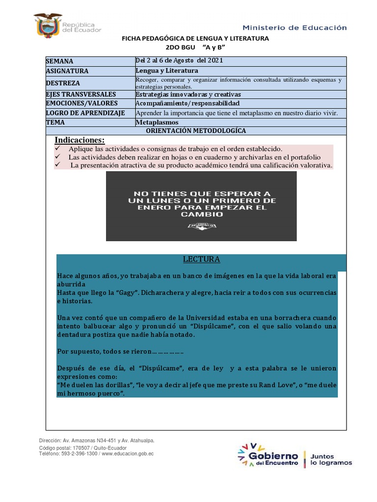 Ficha Lengua y Literatura 2do Bgu Semana 2 - 6 Agosto 2021 | PDF | Aprendizaje | Cognición