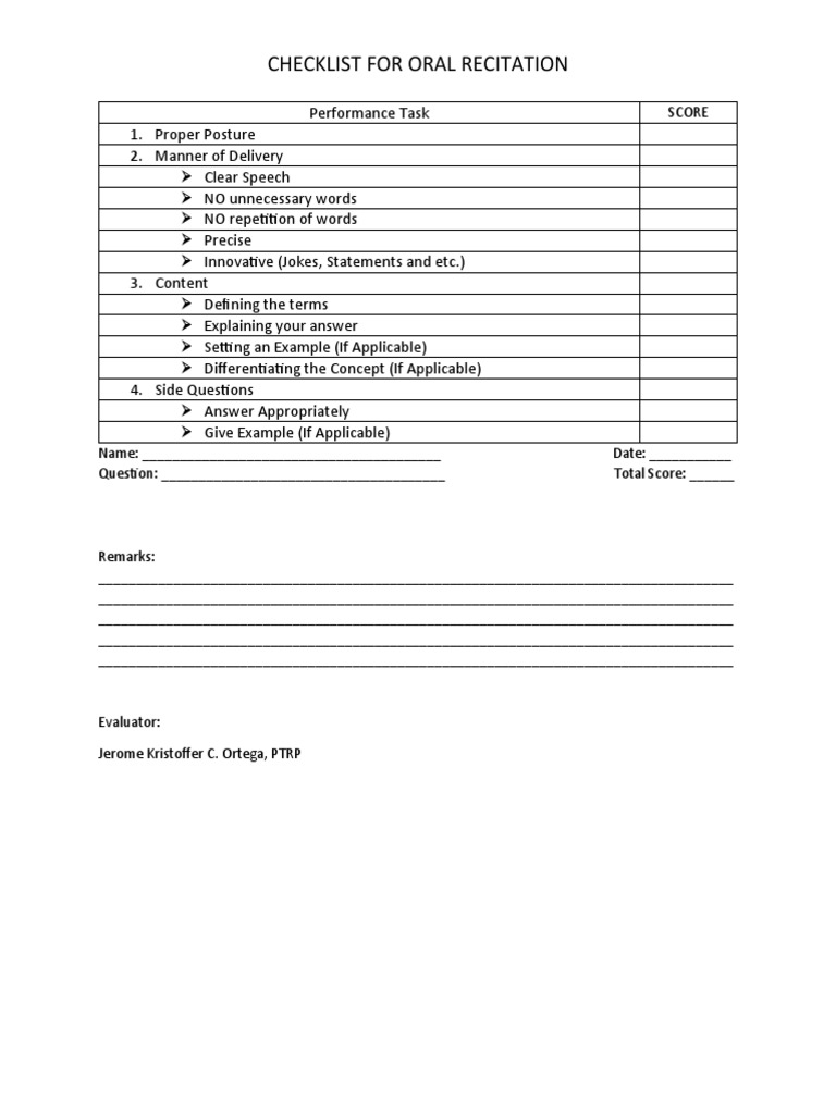 Oral Recitation Assessment Checklist | PDF | Career & Growth | Language ...
