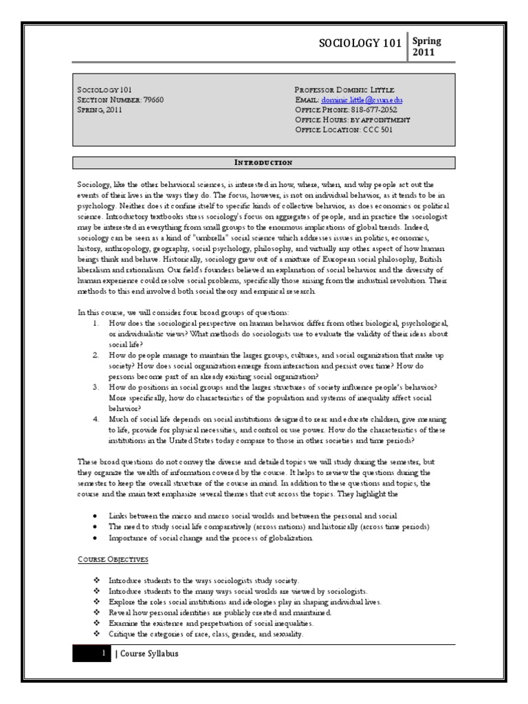 Sociology 101 Course Syllabus 2011 | PDF | Sociology | Test (Assessment)