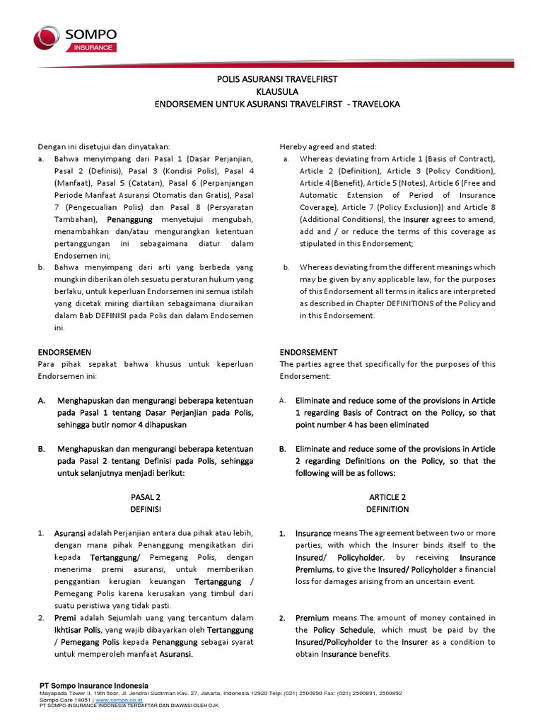 Wording Polis Asuransi Travelfirst Sompo | PDF | Hukum