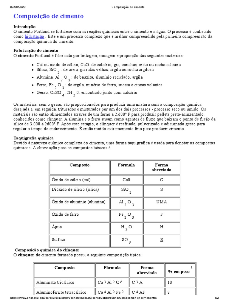 Composição de Cimento | PDF | Cimento | Elementos químicos