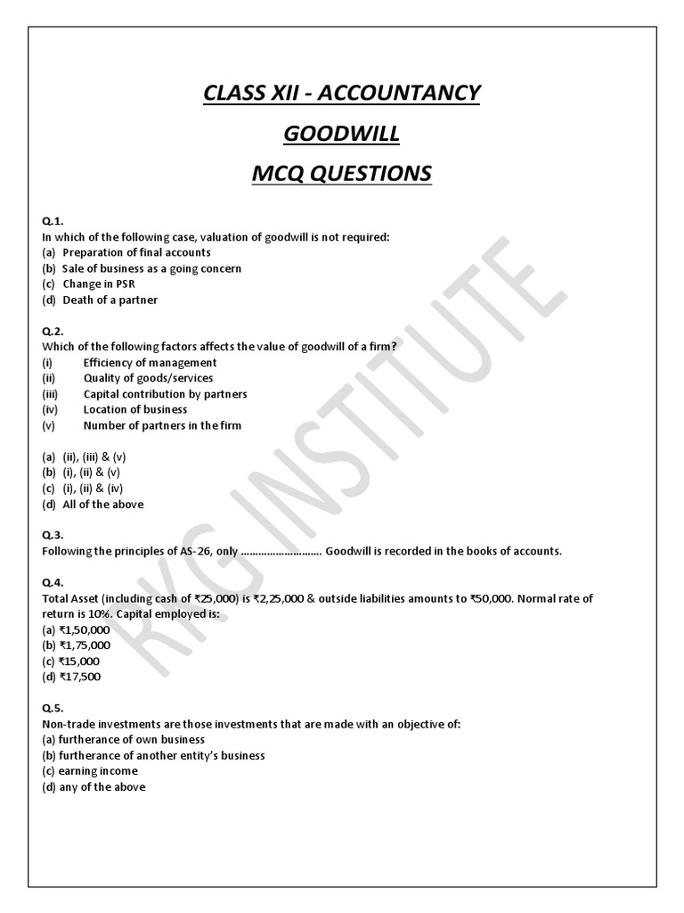 MCQ - Goodwill (Class XII) | PDF | Goodwill (Accounting) | Valuation ...