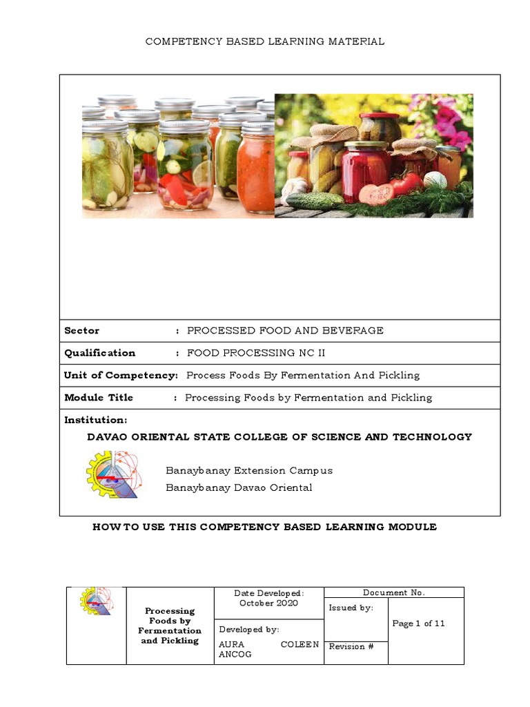 Competency Based Learning Material: Processing Foods by Fermentation ...
