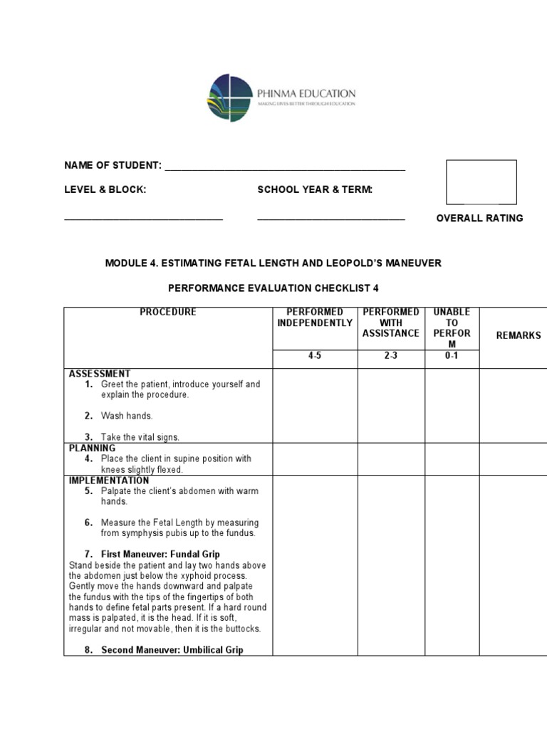 Leopold's Maneuver Performance Checklist | PDF | Uterus | Abdomen
