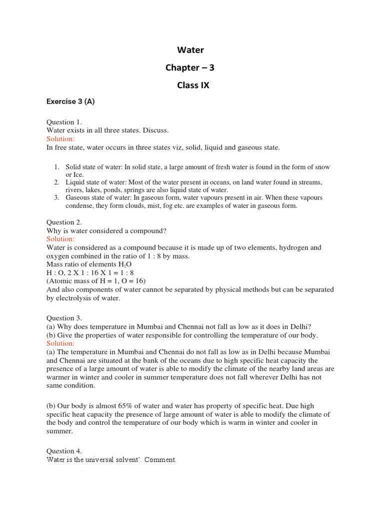 Water Chapter - 3 Class IX: Exercise 3 (A) | PDF | Water | Solution