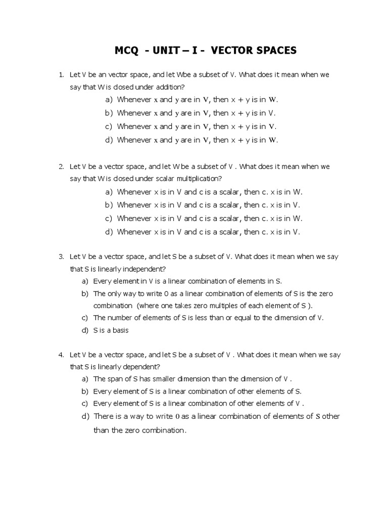 Unit - I - Vector Spaces Mcqs | PDF | Basis (Linear Algebra) | Linear Subspace