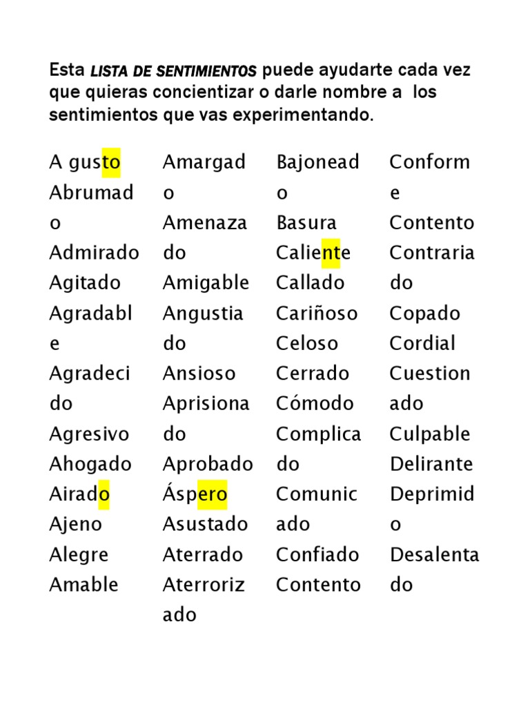 Lista de Sentimientos para Identificar Emociones | PDF