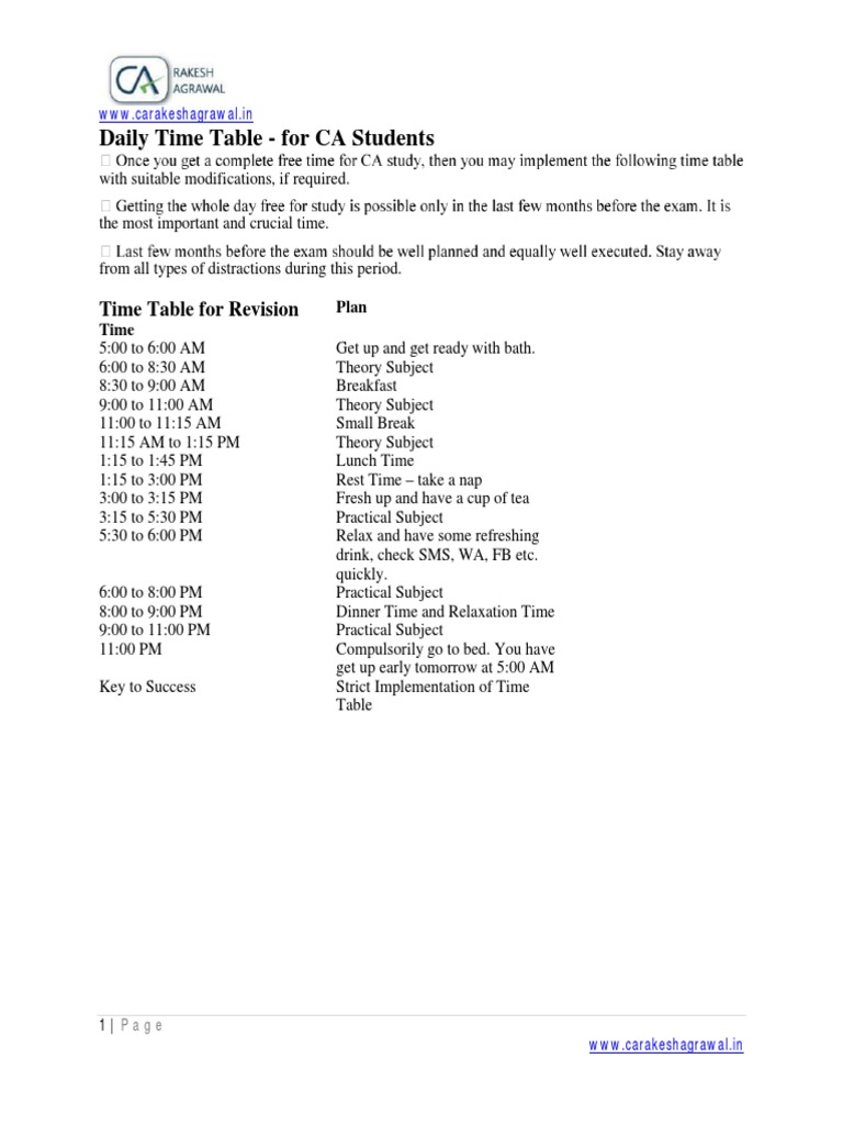 Daily Time Table - For CA Students | PDF