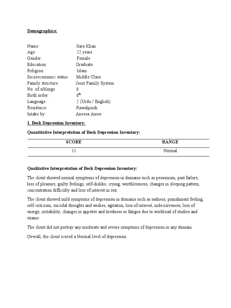 BDI and BAI Report | PDF | Anxiety | Depression (Mood)