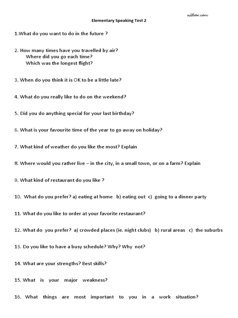 Elementary Speaking Test 2 | PDF