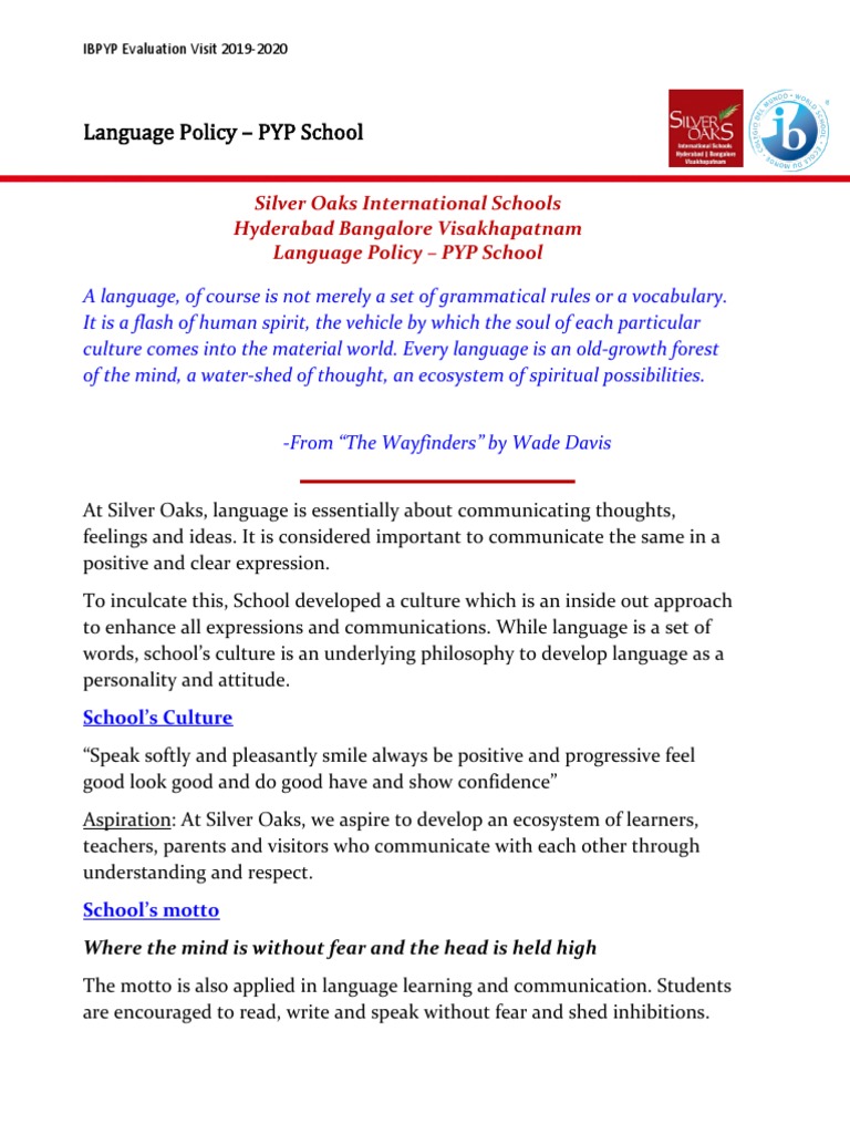 Silver Oaks PYP Language Policy 2019-2020 | PDF | Teachers ...