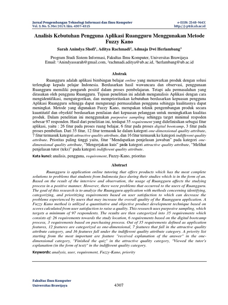 Analisis Kebutuhan Pengguna Aplikasi Ruangguru Menggunakan Metode Fuzzy Kano | PDF