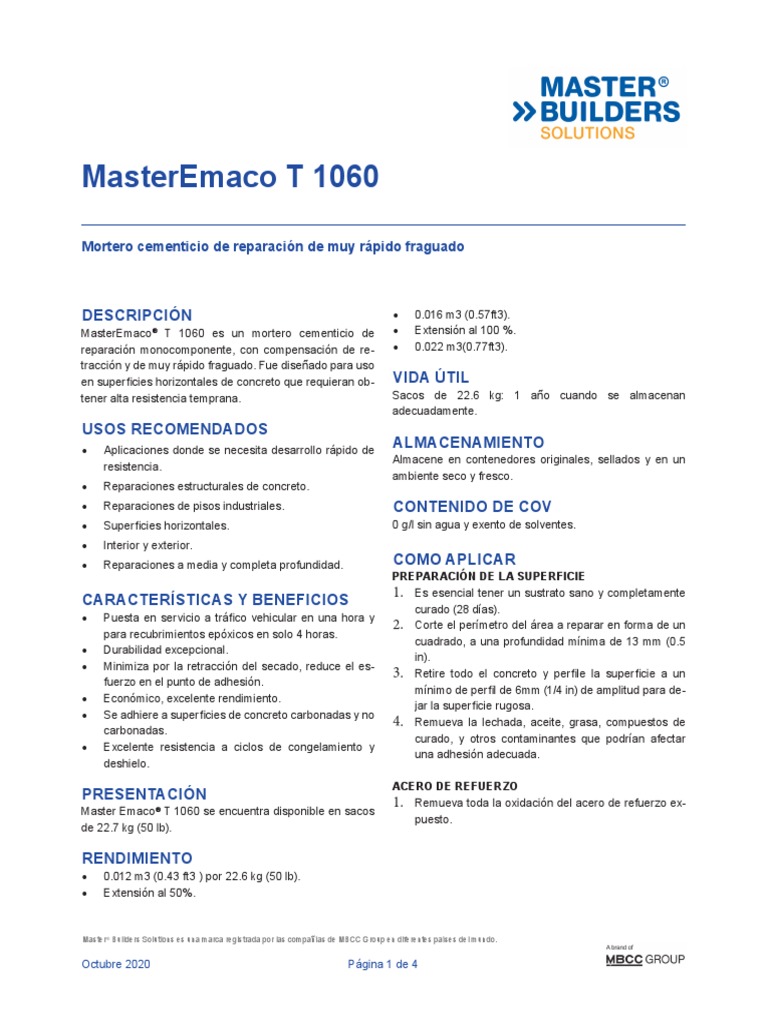 Masteremaco T 1060 - Ficha Tecnica | PDF | Hormigón | Química