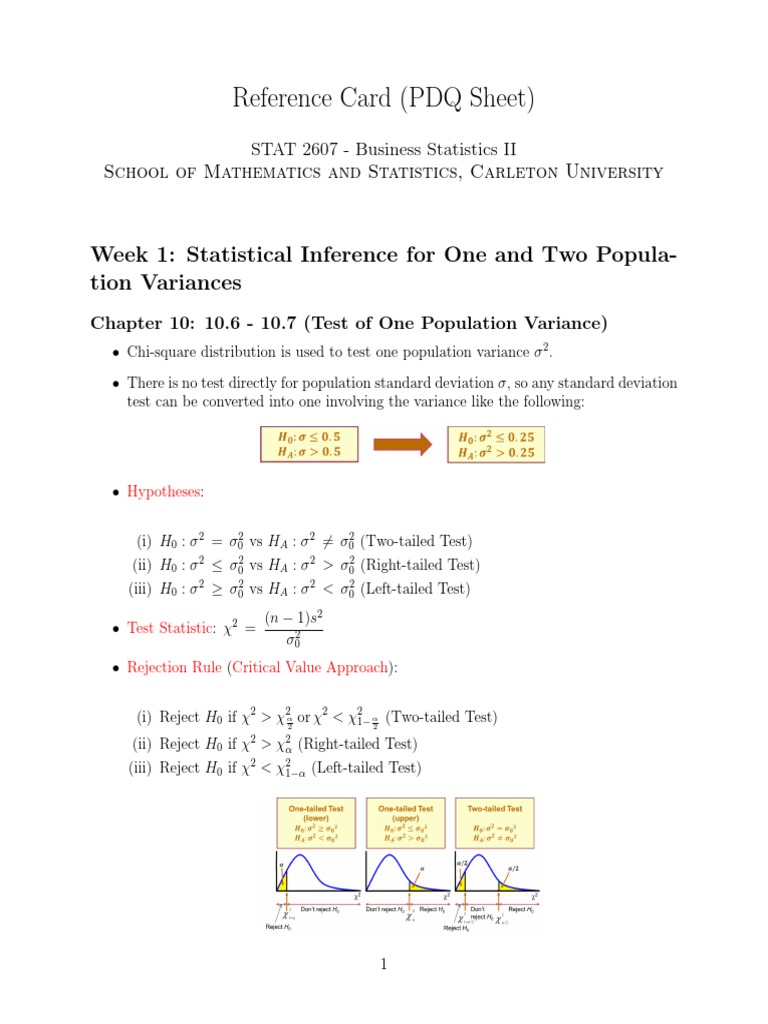 Reference Card (PDQ Sheet) : Week 1: Statistical Inference For One and ...