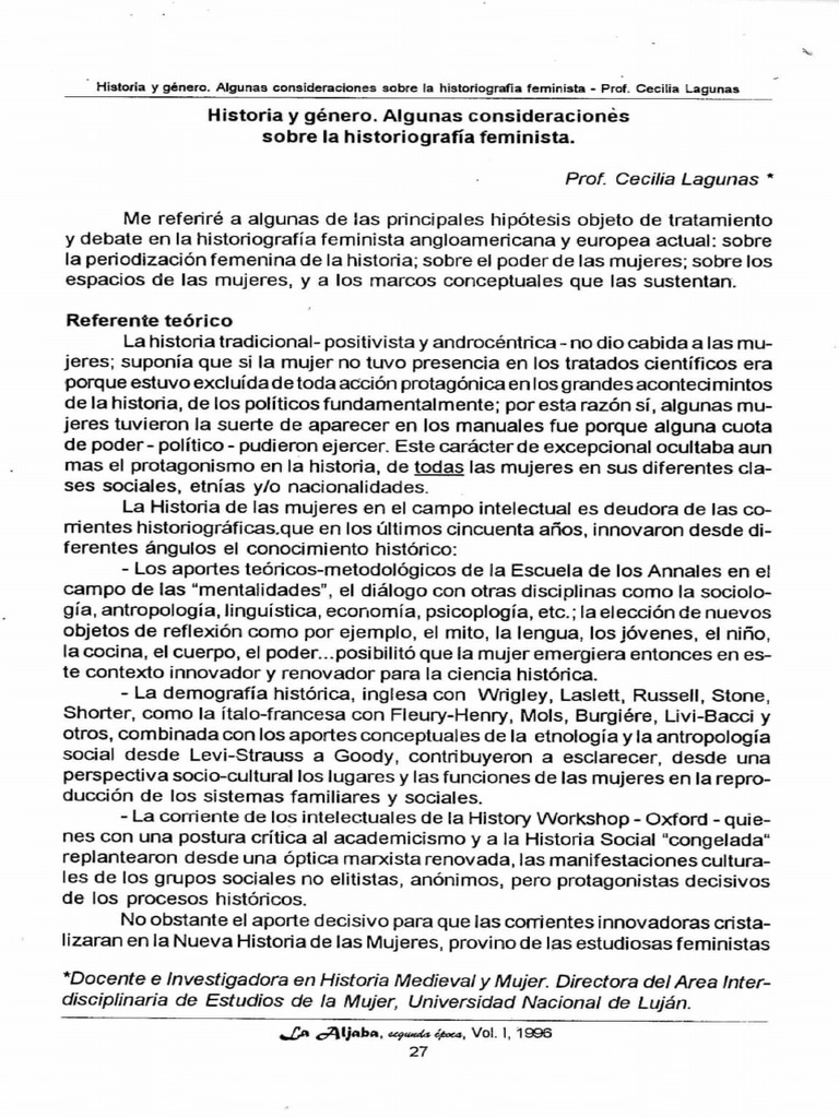 Cecilia Lagunas. Historia y Género. Consideraciones Sobre Historiograf Feminista | PDF ...