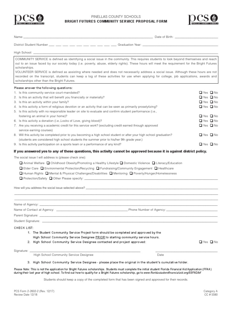 Bright Futures Community Service Proposal Form: Pinellas County Schools ...